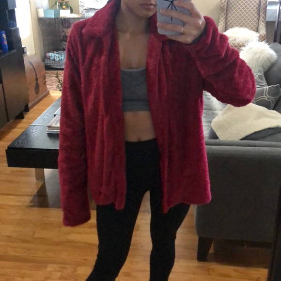 SHEIN | Jackets & Coats | Red Collared Fuzzy Coat With Inside Black ...